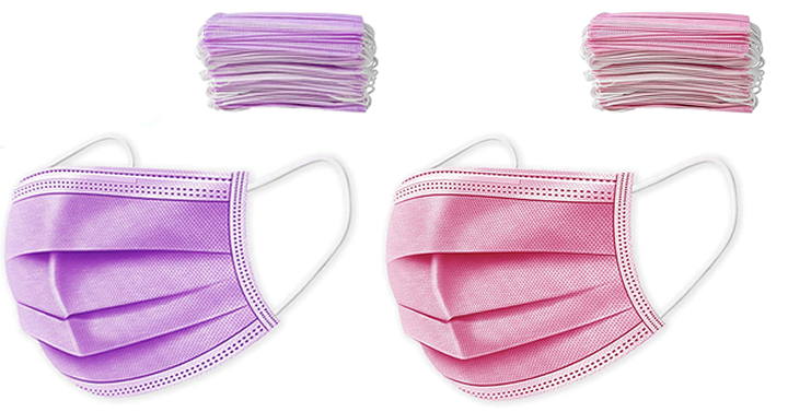 50-Count 3-Ply Disposable Face Masks w/ Ear Loops in PINK or PURPLE ...